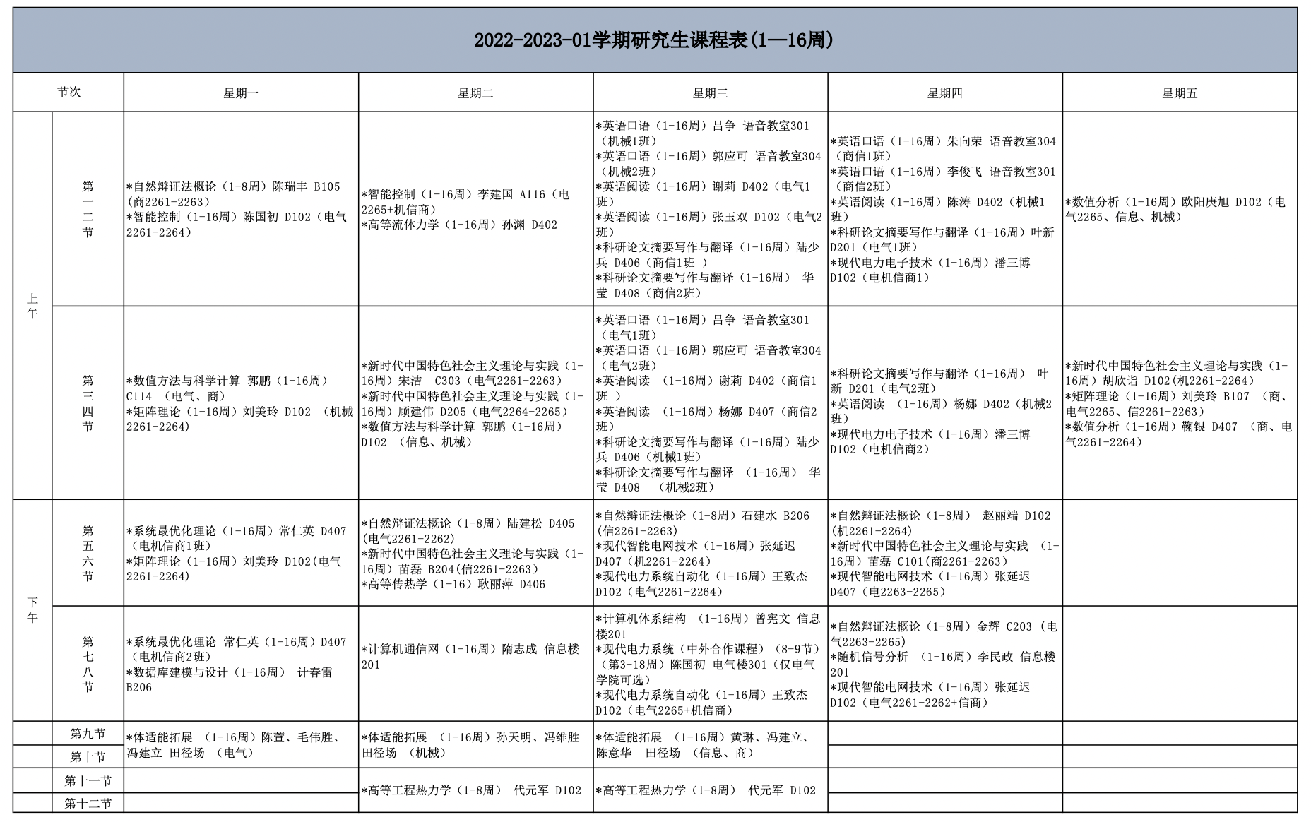 2022 2023学年第一学期研究生课程表